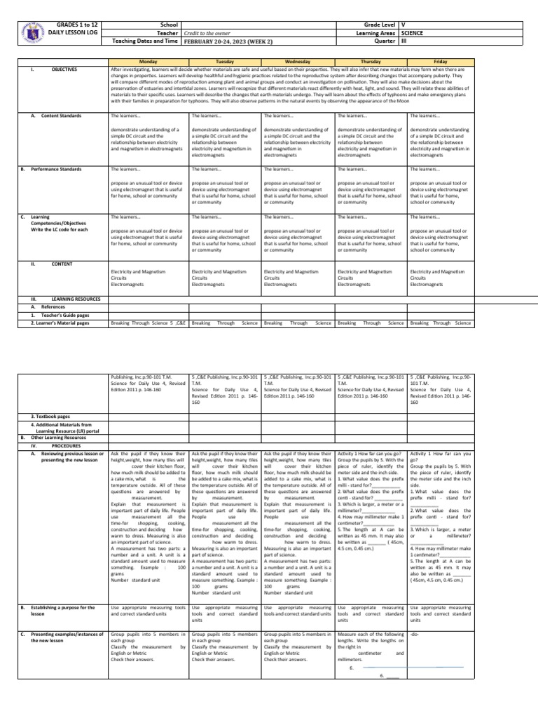 Grade 5 Science DLL Q3 Week 2 | PDF | Weight | Mass