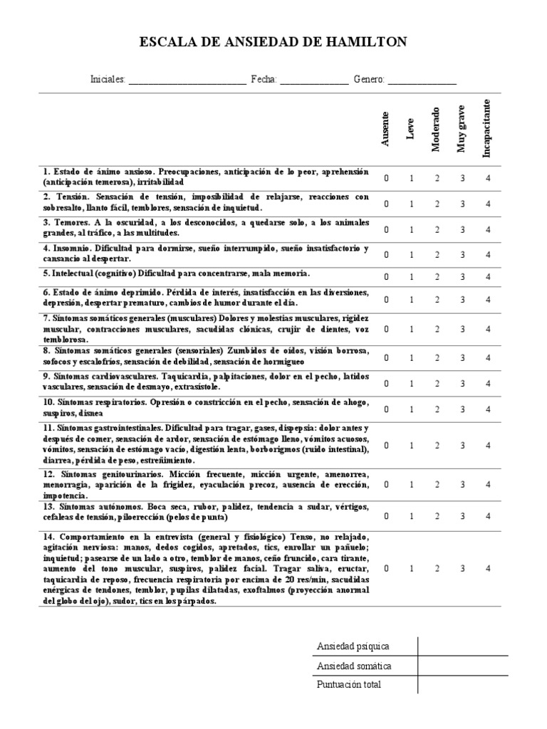 Escala de Ansiedad de Hamilton | PDF | Síntomas y signos | Medicina CLINICA