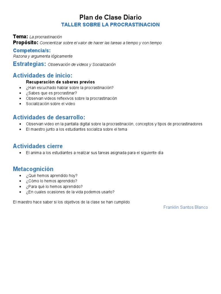 Plan de Clase Diario Taller | PDF
