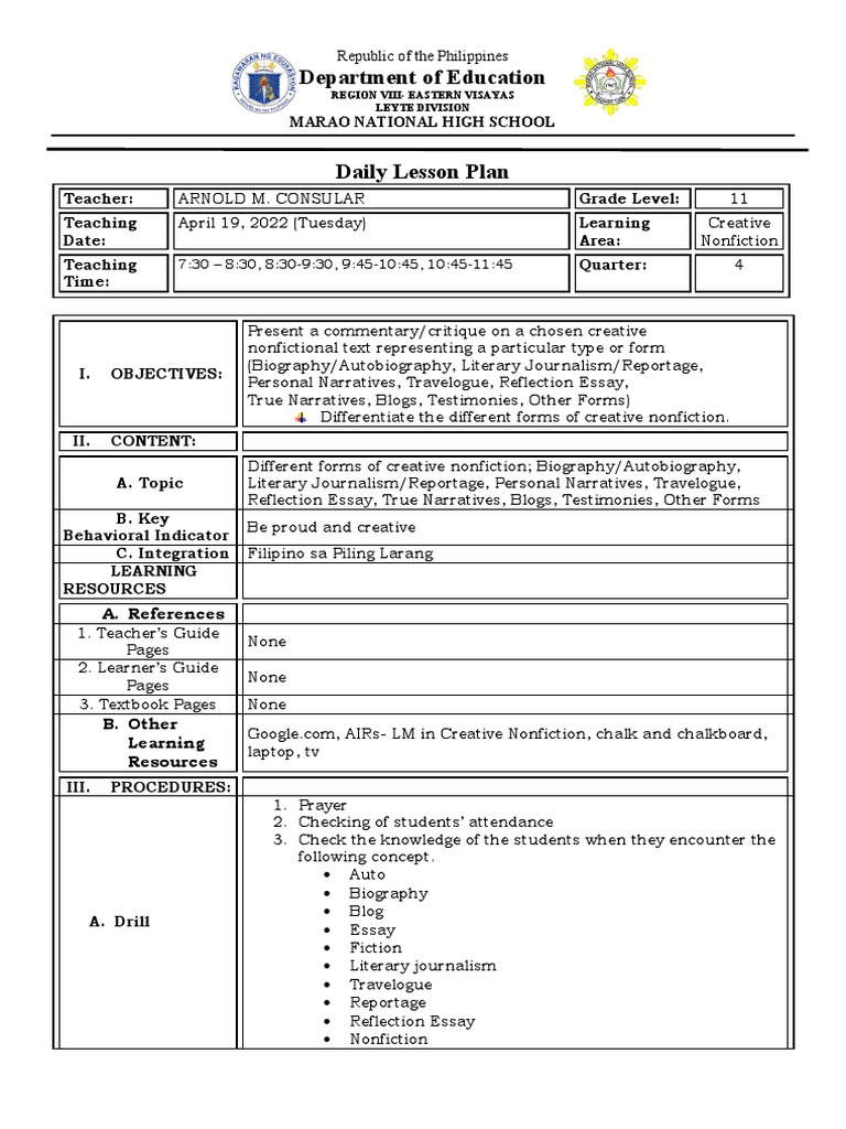 Creative Nonfiction Lesson Plan | PDF | Creative Nonfiction | Narrative