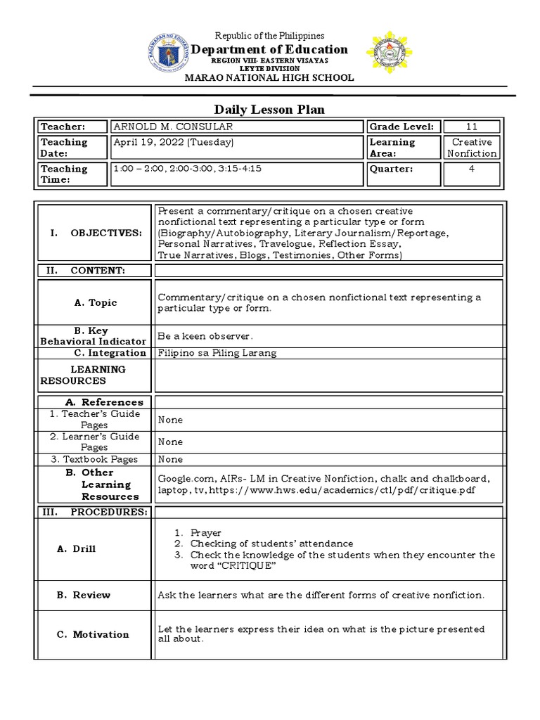 DLP-Creative Nonfiction Quarter 4 Week 2 | PDF | Learning | Creative Nonfiction