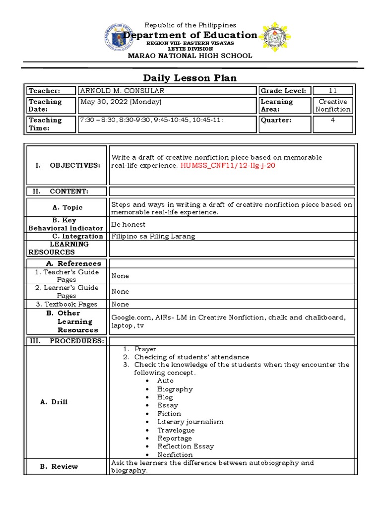 DLP-Creative Nonfiction Writing A Draft | PDF | Learning | Creative ...