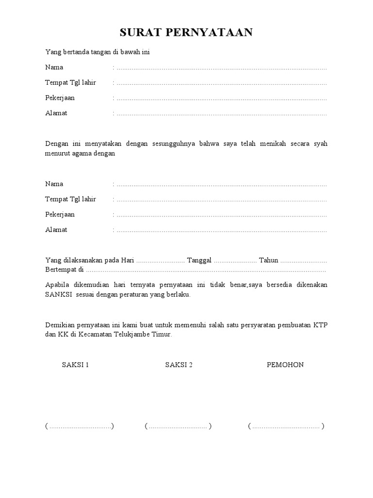 Surat Pernyataan Menikah untuk KTP | PDF
