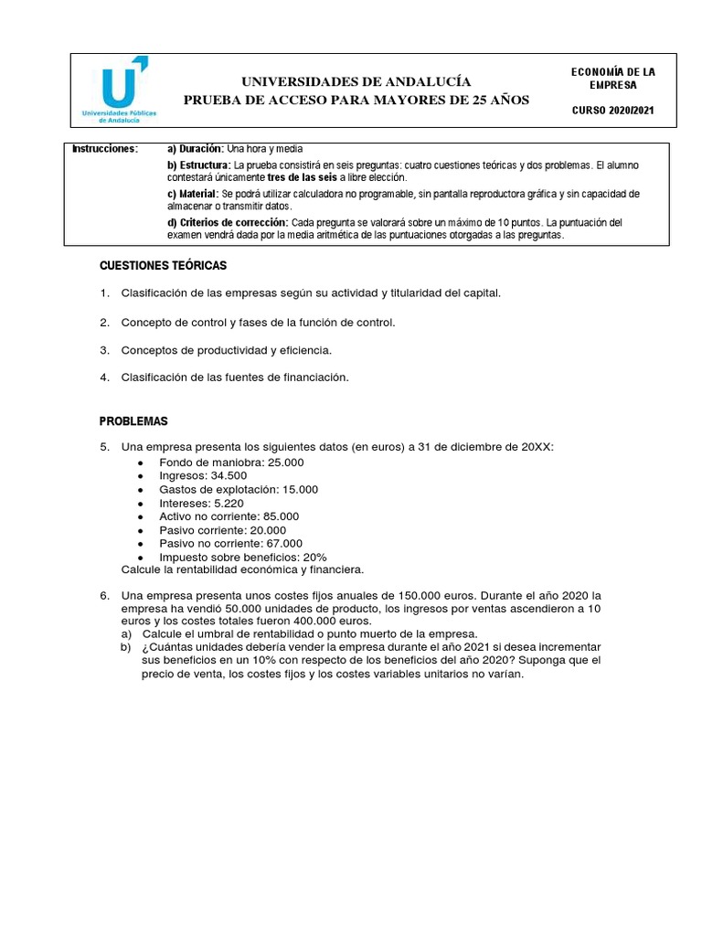 Examen Economia Empresa Prueba Acceso Universidad Mayores 25 Universidad Andalucia 2021 | PDF