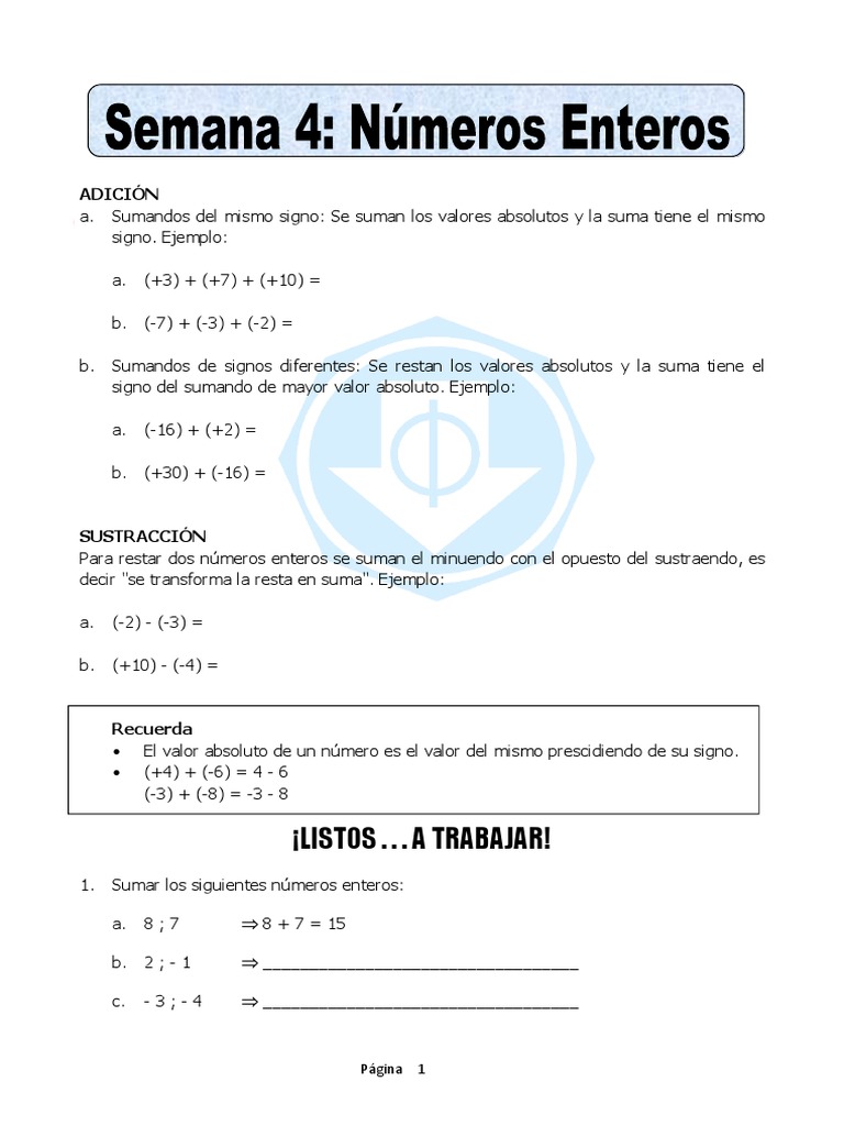 Semana 4 Los Numeros Enteros Pdf Pdf Sustracción Matemática