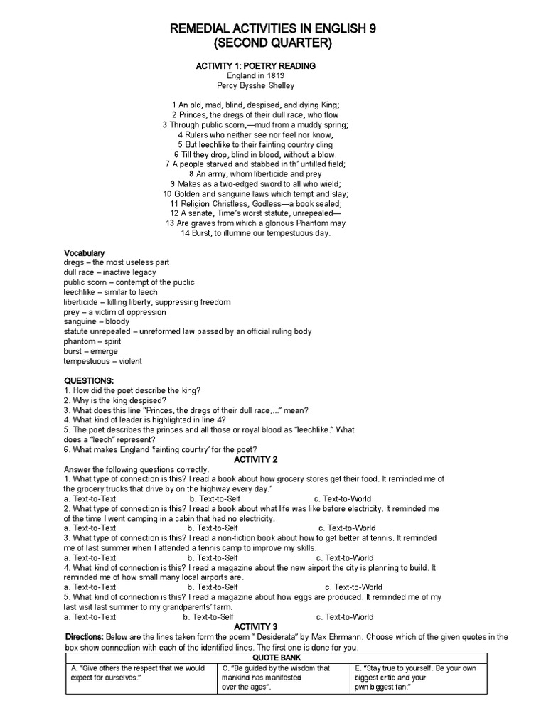 Remedial Activities for English 9 | PDF | Language Arts & Discipline