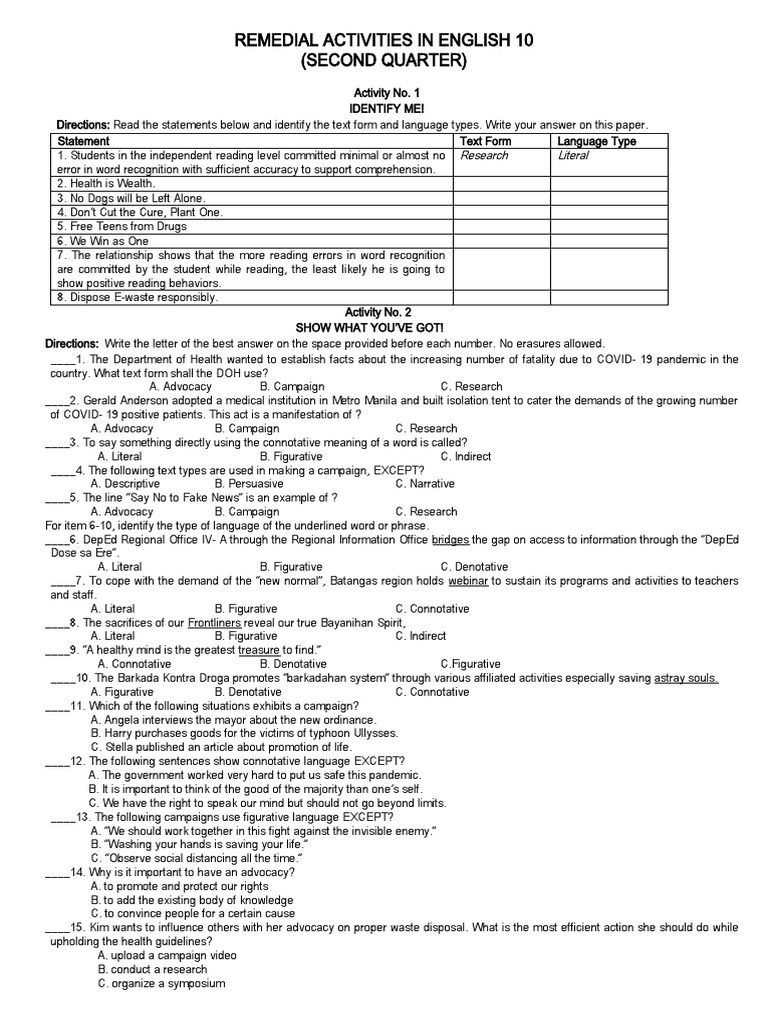Remedial Activities in English 10 | PDF | Social Media | Popular ...