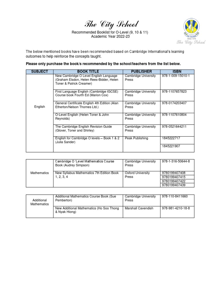 Recommended Booklist for O-Level (9, 10 & 11 | PDF | University Of ... Recommended Booklist for O-Level (9, 10 & 11 | PDF | University Of ...