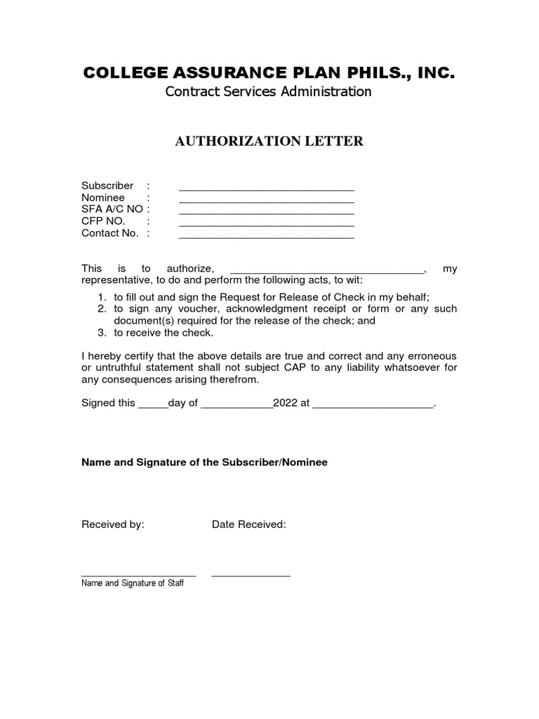 College assurance plan authorization letter | PDF