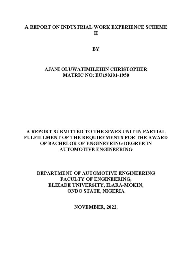 A Comprehensive Report on Student Industrial Work Experience at Elizade ...
