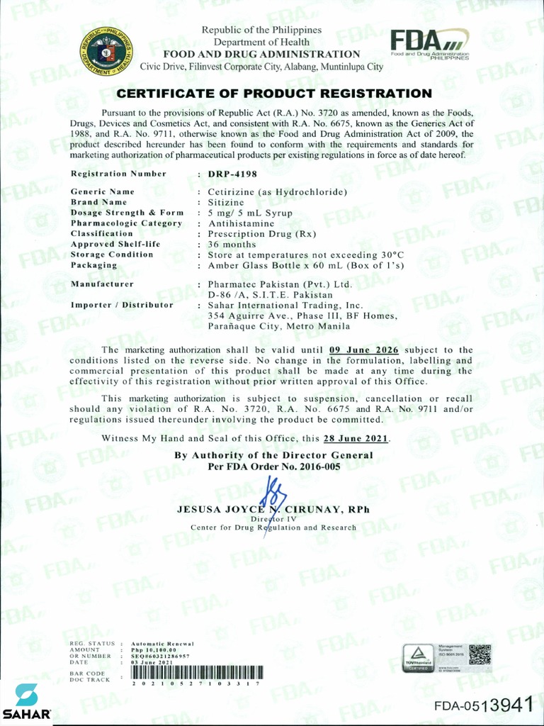 Cetirizine Hydrochloride 5mg-5 ML Syrup (SITIZINE) PDF | PDF