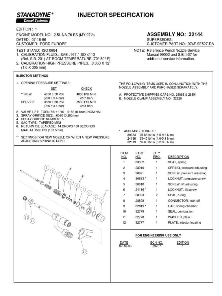 Injector Specification: Assembly No: 32144 | Download Free PDF ...