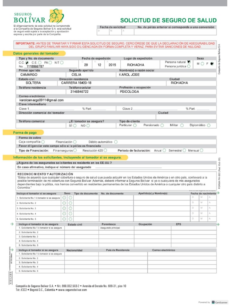 PH-062-DIGITAL-EDITABLE-Solicitud-de-seguro-de-Salud-Internacional Diligenciado PDF | PDF
