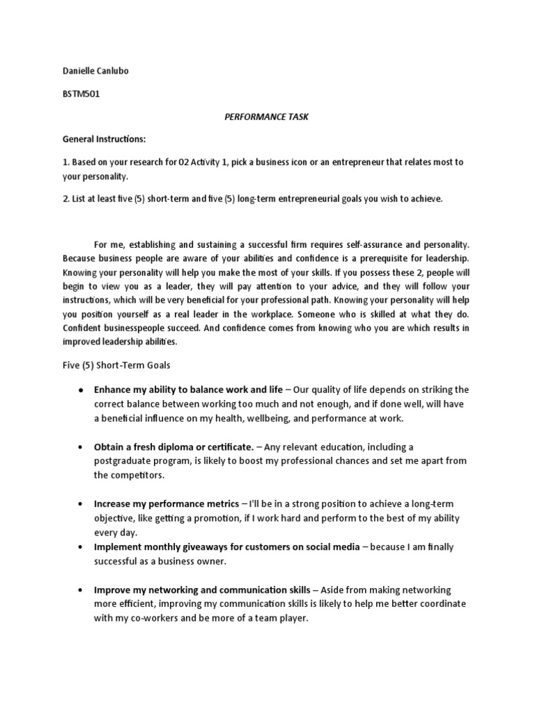 02 Performance Task 1 | PDF | Goal | Entrepreneurship