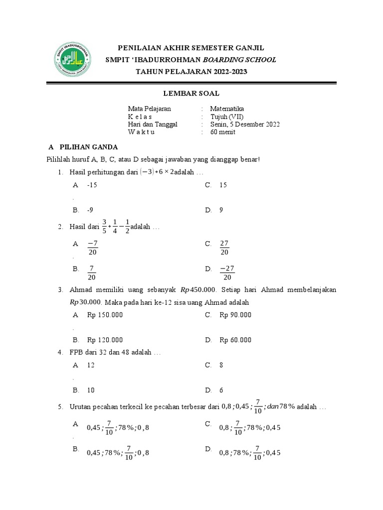 07 Soal PAS Ganjil Matematika 2022-2023 | PDF