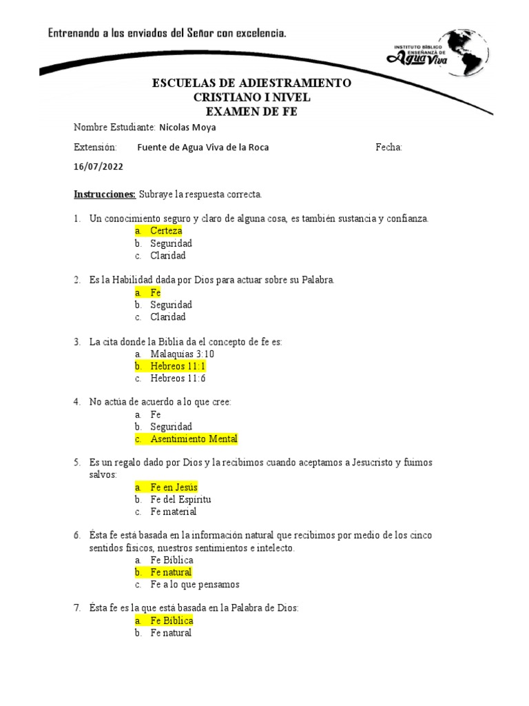 Examen de Fe para Estudiantes | PDF | Biblia | Jesús