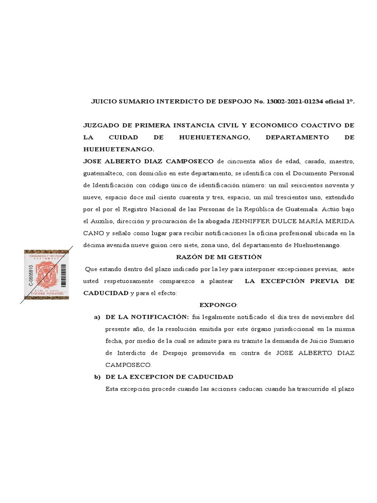 Contestación Intrdicto de Despojo | PDF | Demanda judicial | Ley procesal