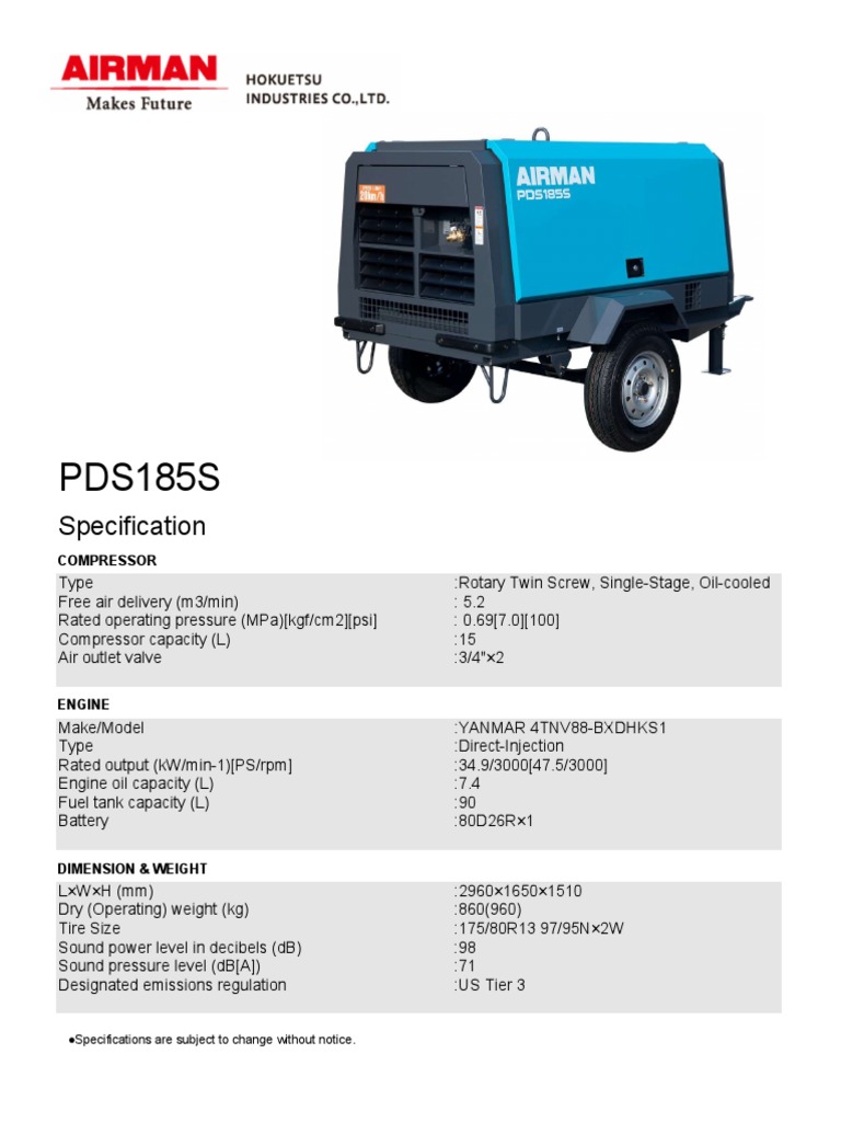 Airman PDS185S Specification | PDF