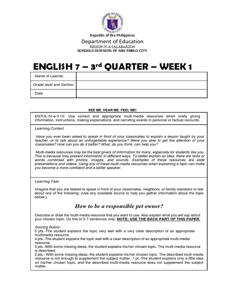 English 7 Las 3rd Quarter Week 1 | PDF | Language Arts & Discipline