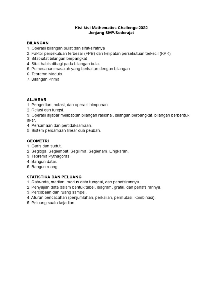 Kisi-kisi Matematika Challenge 2022 | PDF