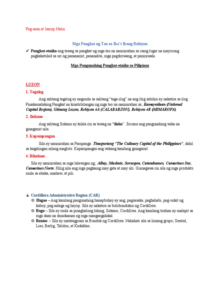Mga Pangkat NG Tao Sa Ibat Ibang Rehiyon | PDF