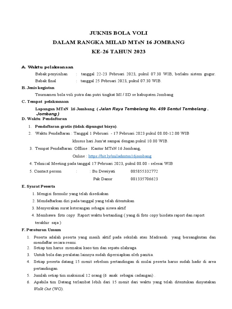 JUKNIS BOLA VOLI MILAD MTSN 16 JOMBANG | PDF