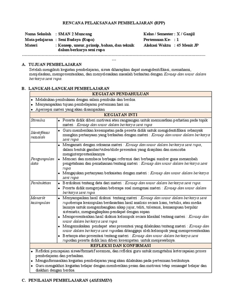 RPP 1 - Konsep, Unsur, Prinsip, Bahan, Dan Teknik Dalam Berkarya Seni Rupa | PDF