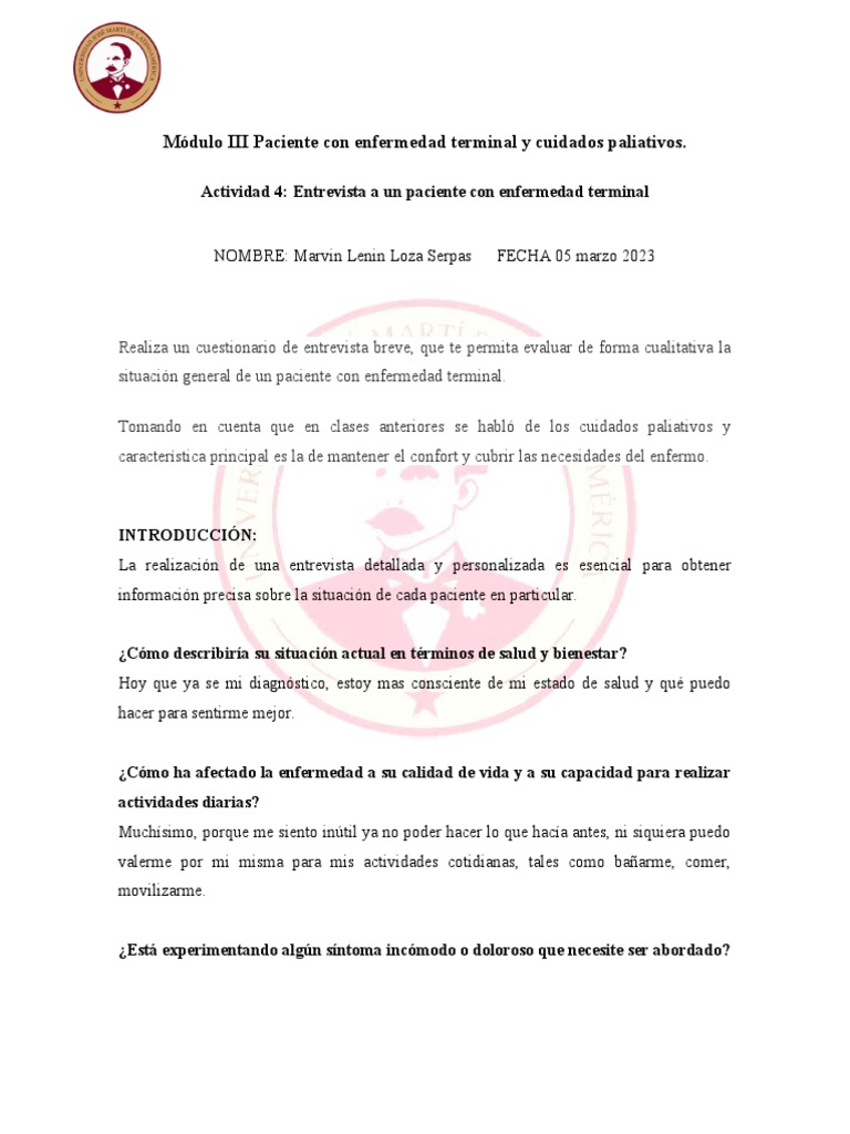 Entrevista Paciente | PDF | Enfermedad terminal | Cuidados paliativos