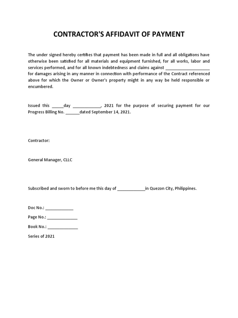 CONTRACTOR'S AFFIDAVIT OF PAYMENT#01 Blank | PDF | Business | Law