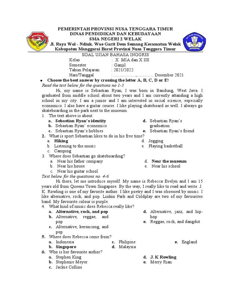 Fixed SOAL Bing KELAS X IIS Dan MIA - 015650 | PDF