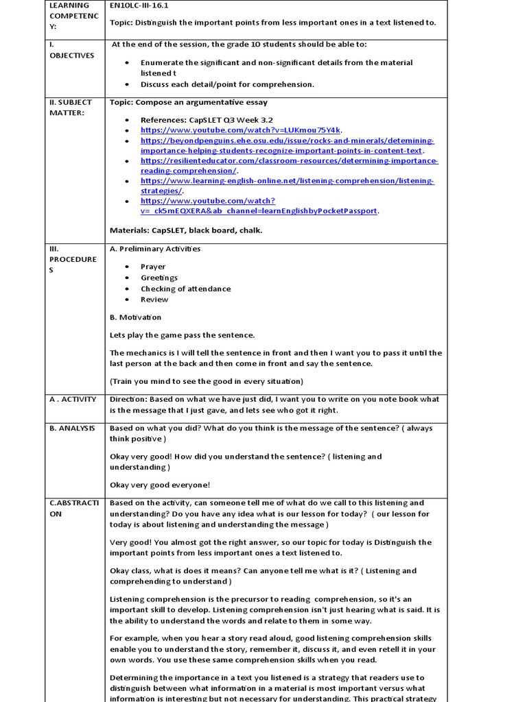 Analyzing Listening Comprehension: Determining Important vs Less ...