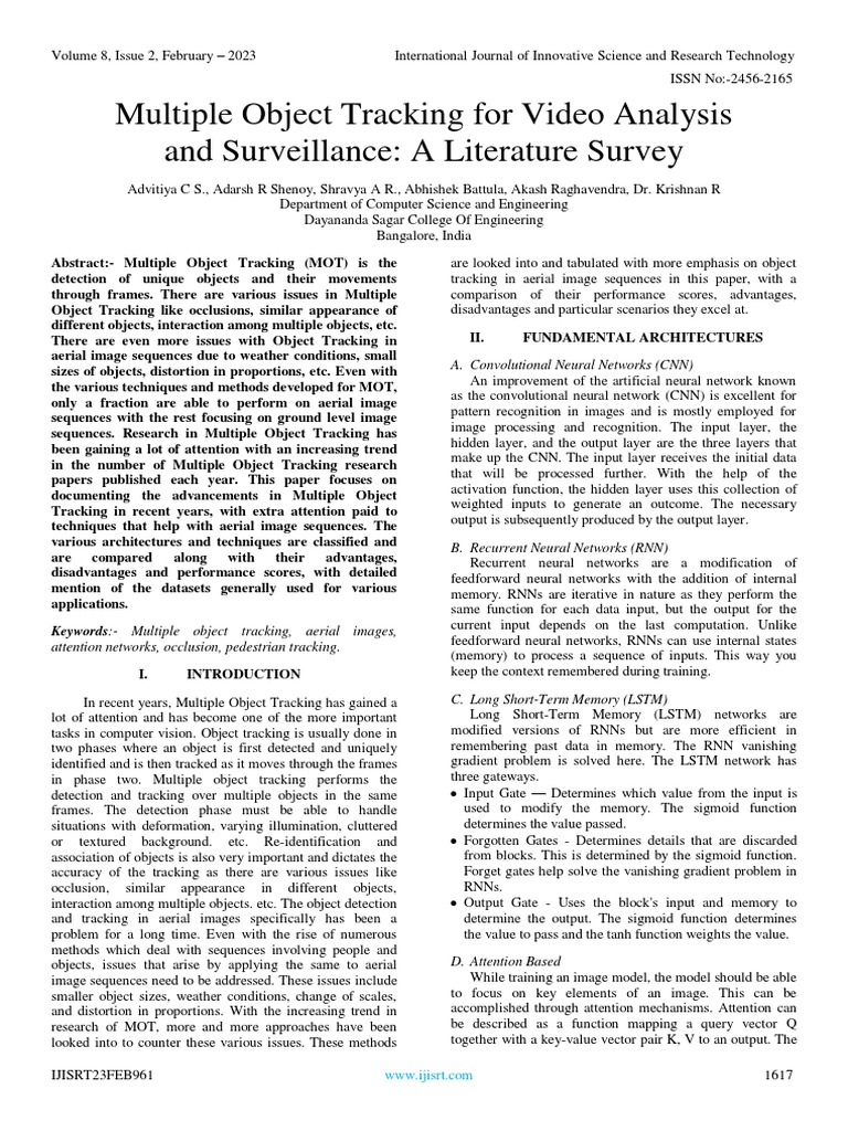 Multiple Object Tracking For Video Analysis And Surveillance A Literature Survey Pdf