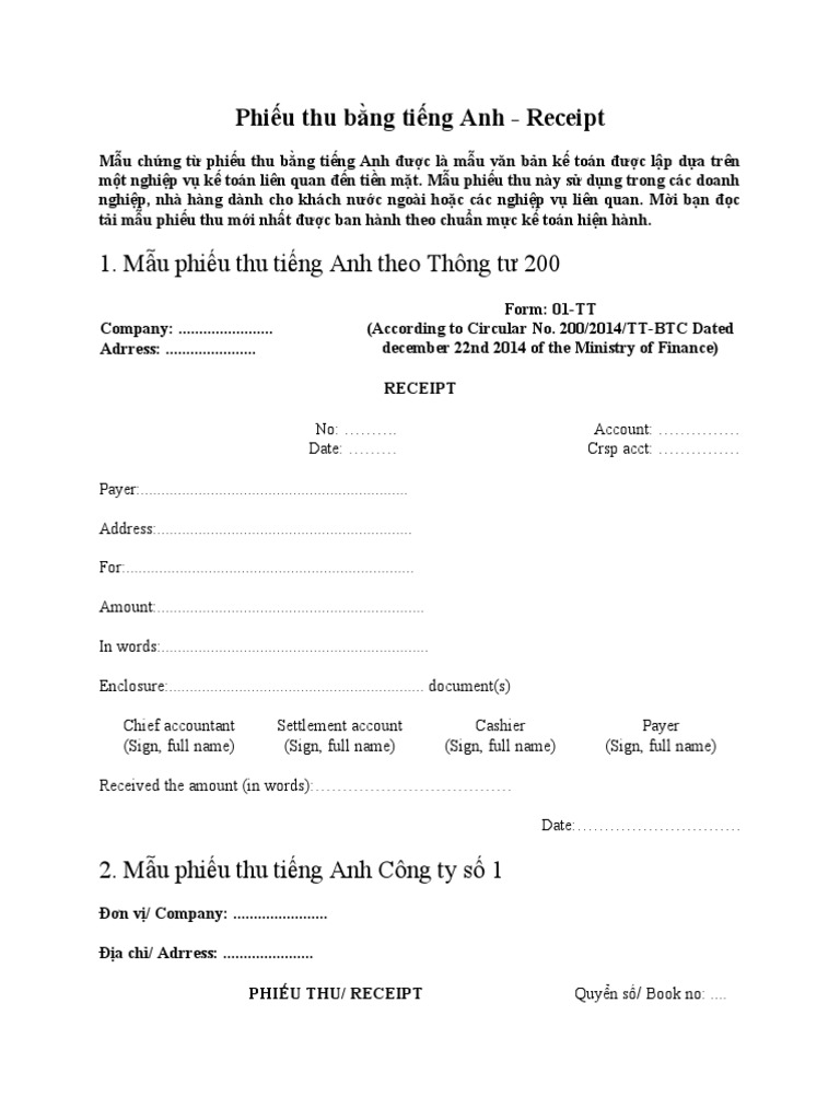 Phieu Thu Bang Tieng Anh | PDF