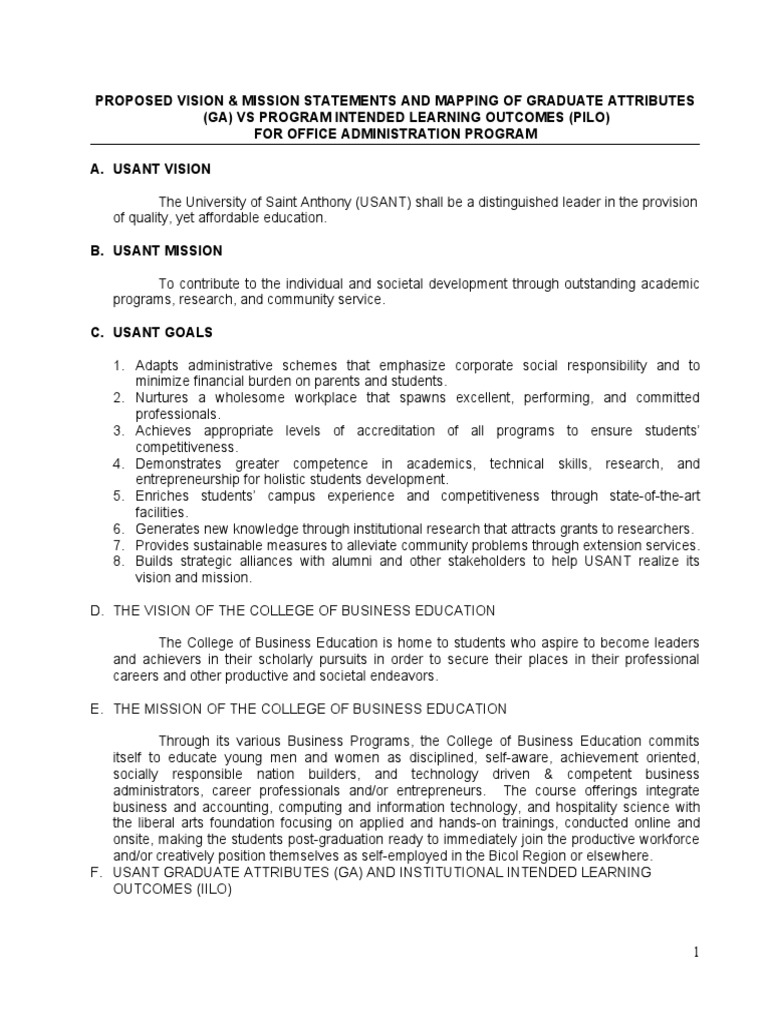 CBE VISION MISSION PILO For OFFICE ADMINISTRATION PROGRAM | PDF ...