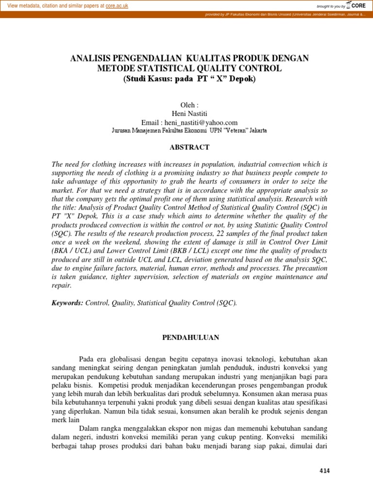 Analisis Pengendalian Kualitas Produk Dengan Metode Statistical Quality ...