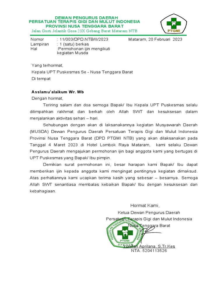 Surat Permohonan Ijin Musda Untuk Puskesmas | PDF