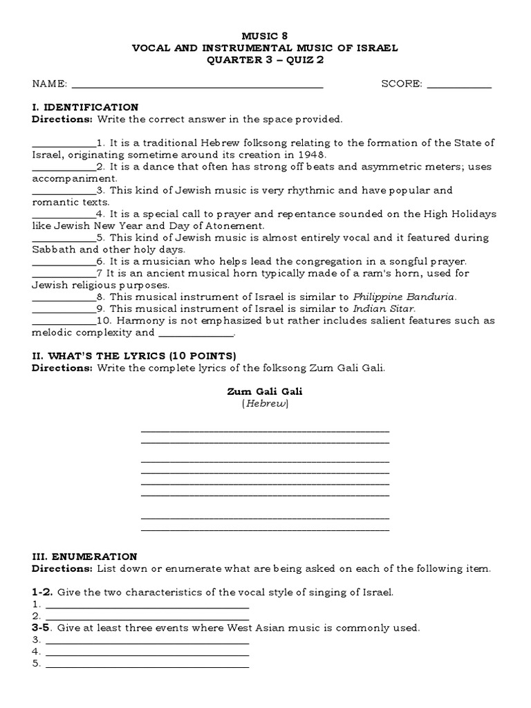 Israeli Music Quiz: Vocal & Instrumental | PDF | Performing Arts ...