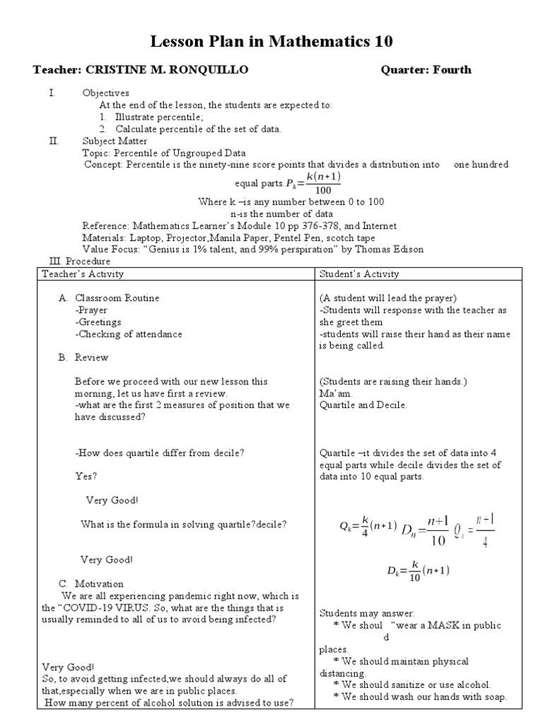 Lesson Plan In Mathematics 2 Percentile 4th Pdf Percentile Mathematics