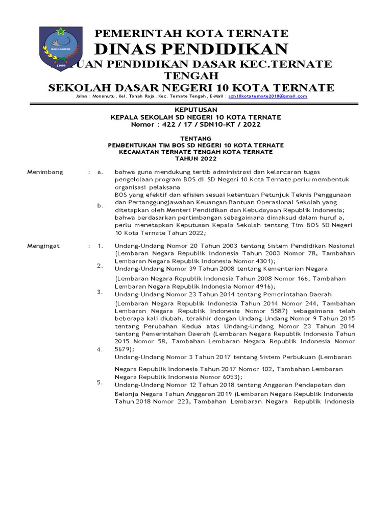 Pembentukan Tim BOS SDN 10 Ternate | PDF