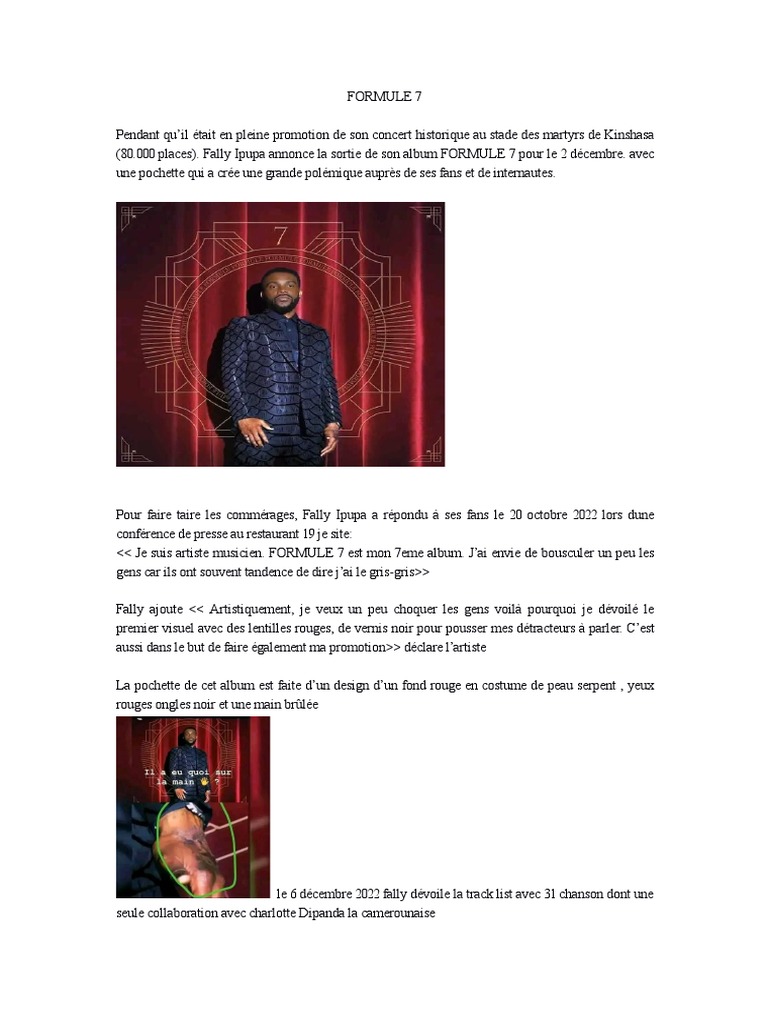 Fally Ipupa : Sortie de l'album Formule 7 | PDF | Art