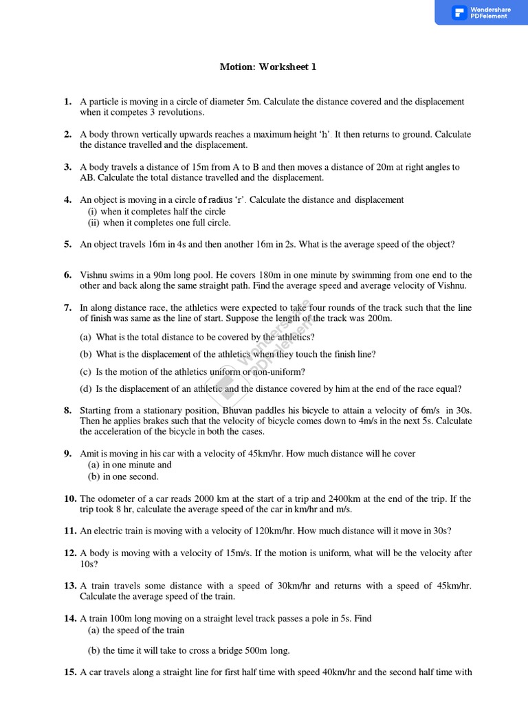 Class 9 Motion Worksheet Exercises | PDF | Acceleration | Speed