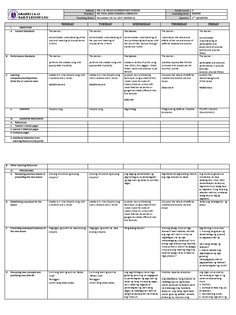 DLL - Mapeh 5 - Q3 - W4 | PDF | Differentiated Instruction | Learning