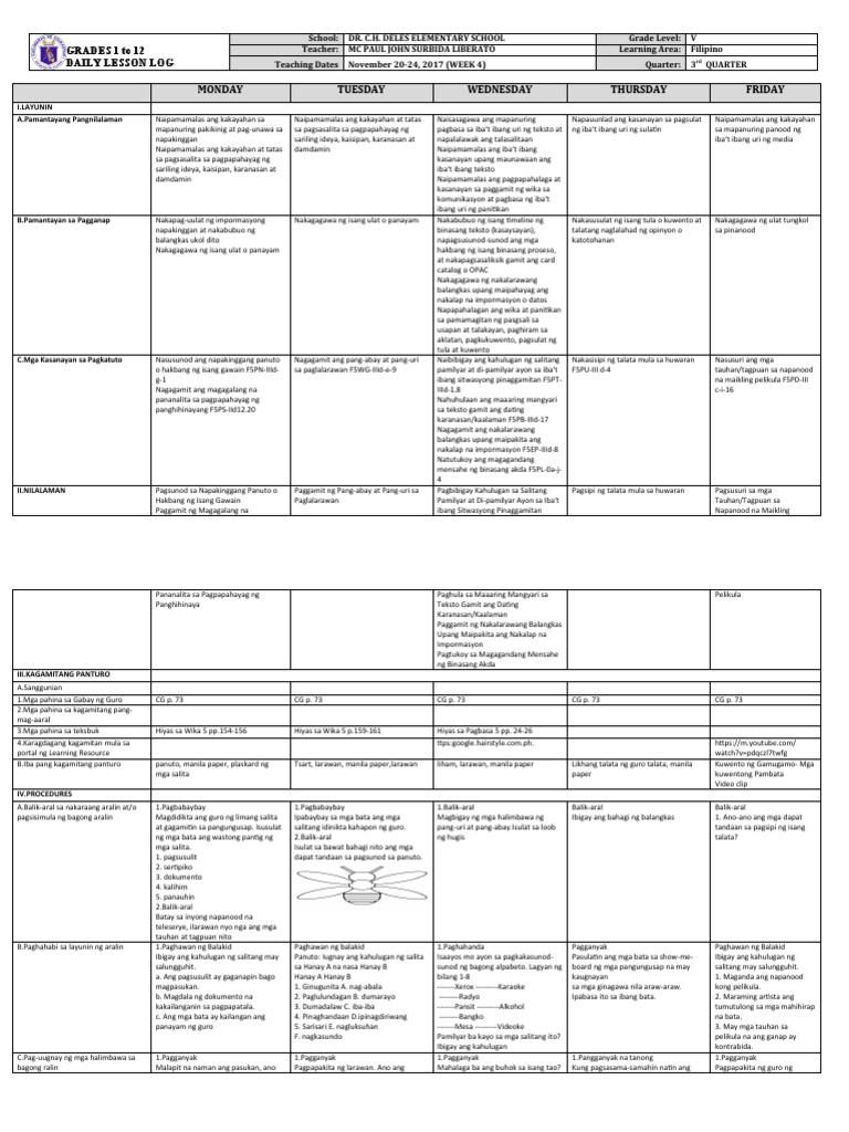 DLL - Filipino 5 - Q3 - W4 | PDF