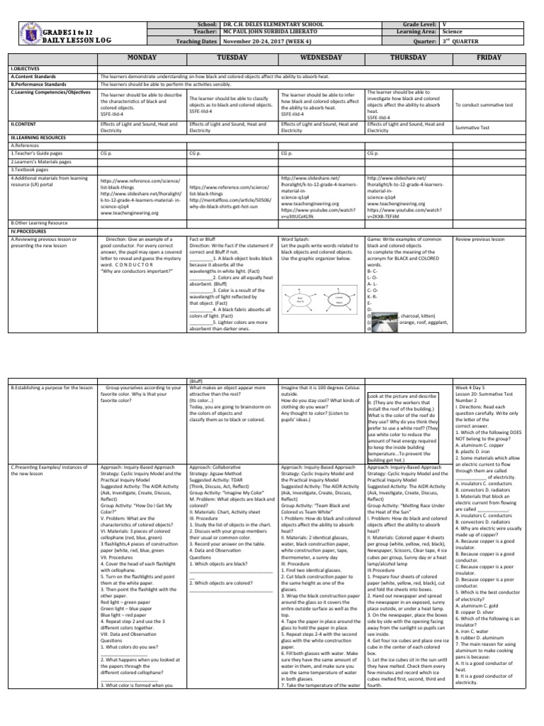 DLL - Science 5 - Q3 - W4 | PDF | Inquiry Based Learning | Color