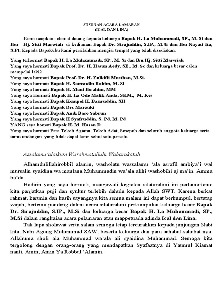 Susunan Acara Lamaran Ical dan Lina | PDF