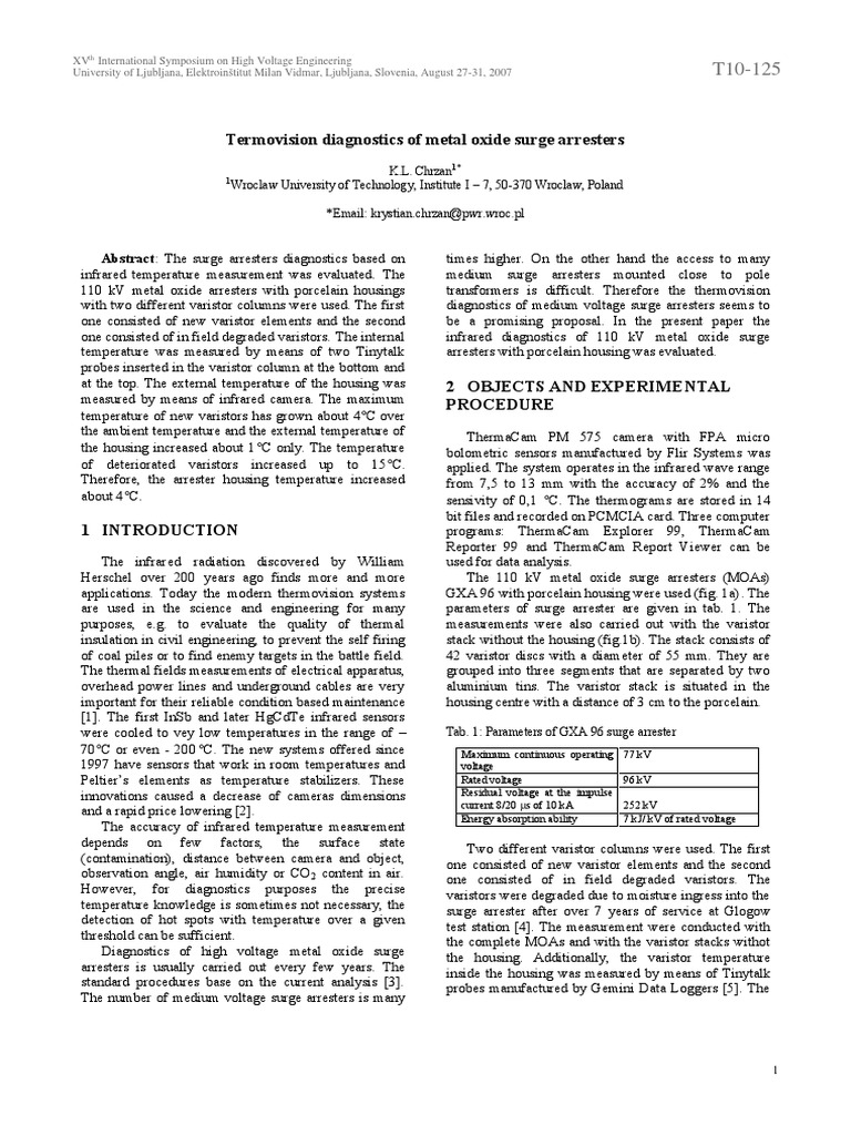 Termovision Diagnostics of Metal Oxide Surge Arresters: T10-125 PDF ...