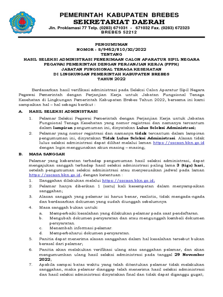 Hasil Seleksi Administrasi Pppk Brebes 2022 Pdf