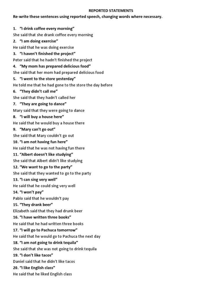 Reported Statements and Questions Worksheet - Answers | PDF