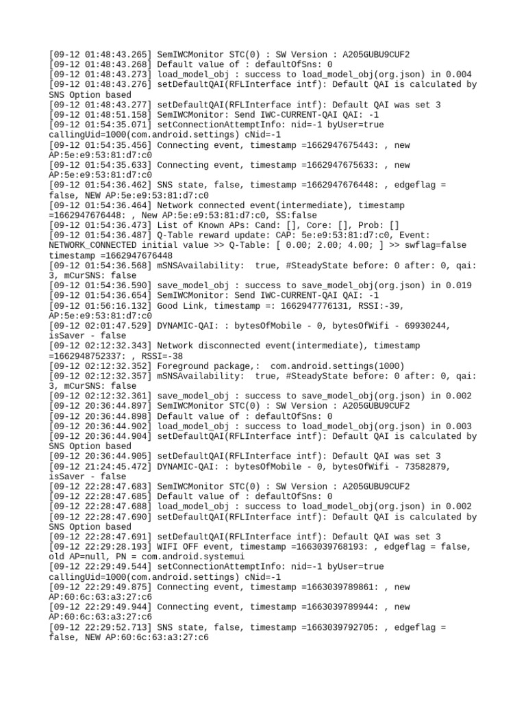 Log entries documenting WiFi connectivity events and signal quality measurements on a mobile ...