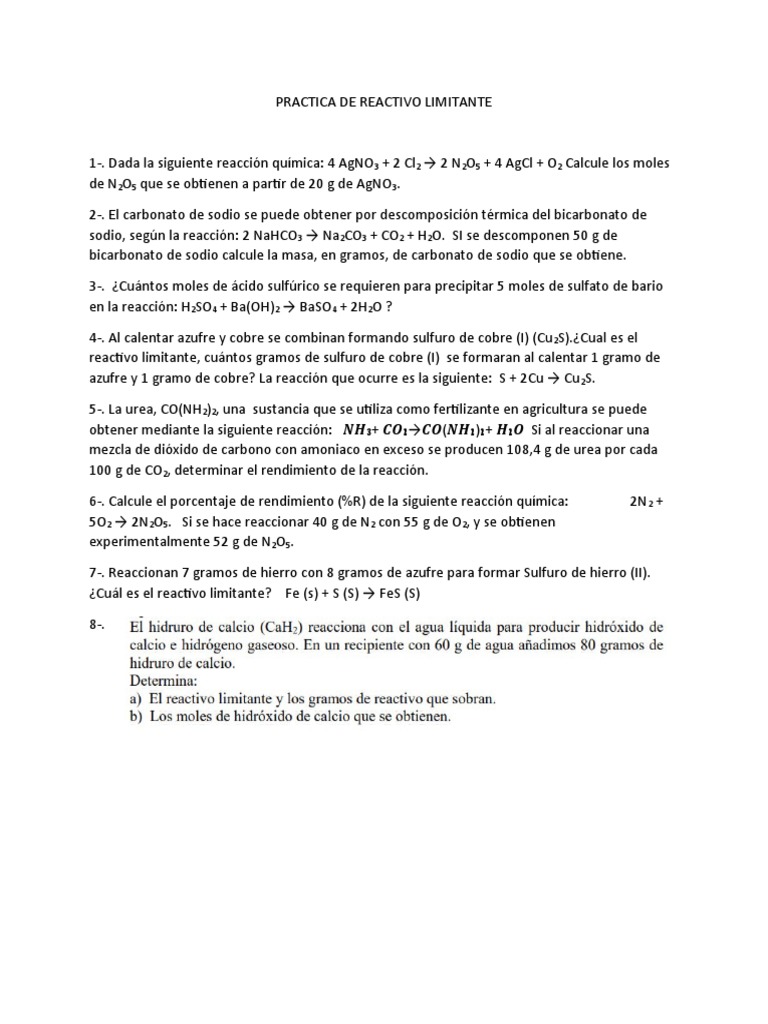 Practica de Reactivo Limitante | PDF | Ciencia y matemáticas